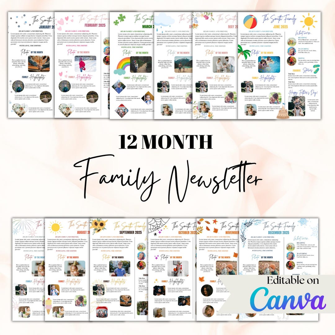Editable Monthly Family Newsletter Template for the Year, 12 Months of ...