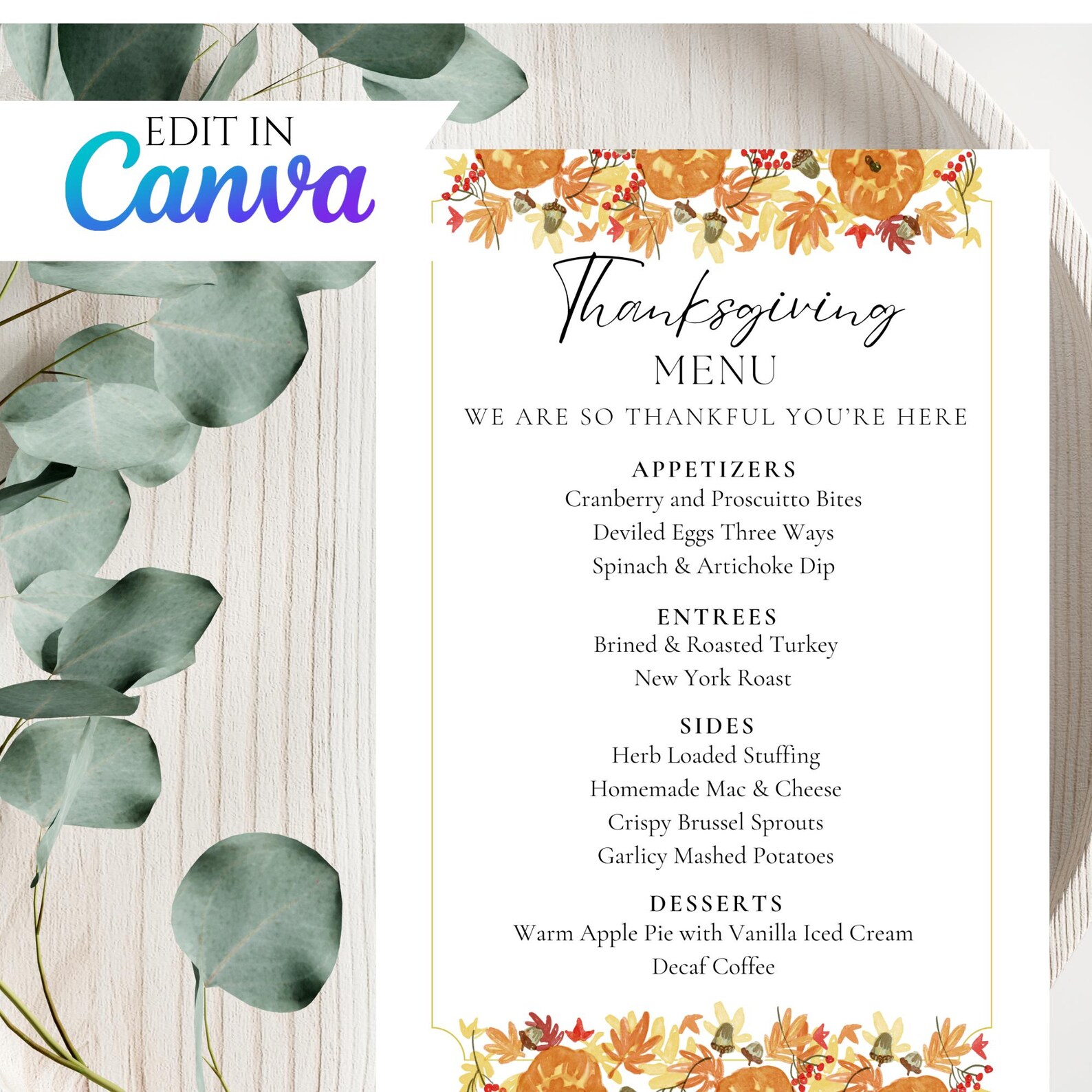 Editable Thanksgiving Menu Template - DIY Customize on Canva and Print ...