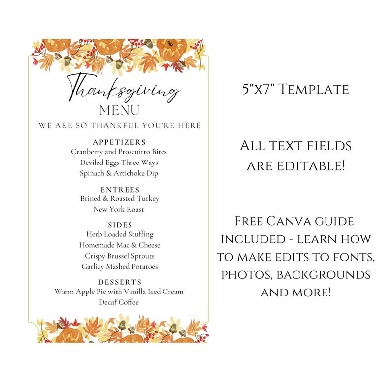 Editable Thanksgiving Menu Template - DIY Customize on Canva and Print ...