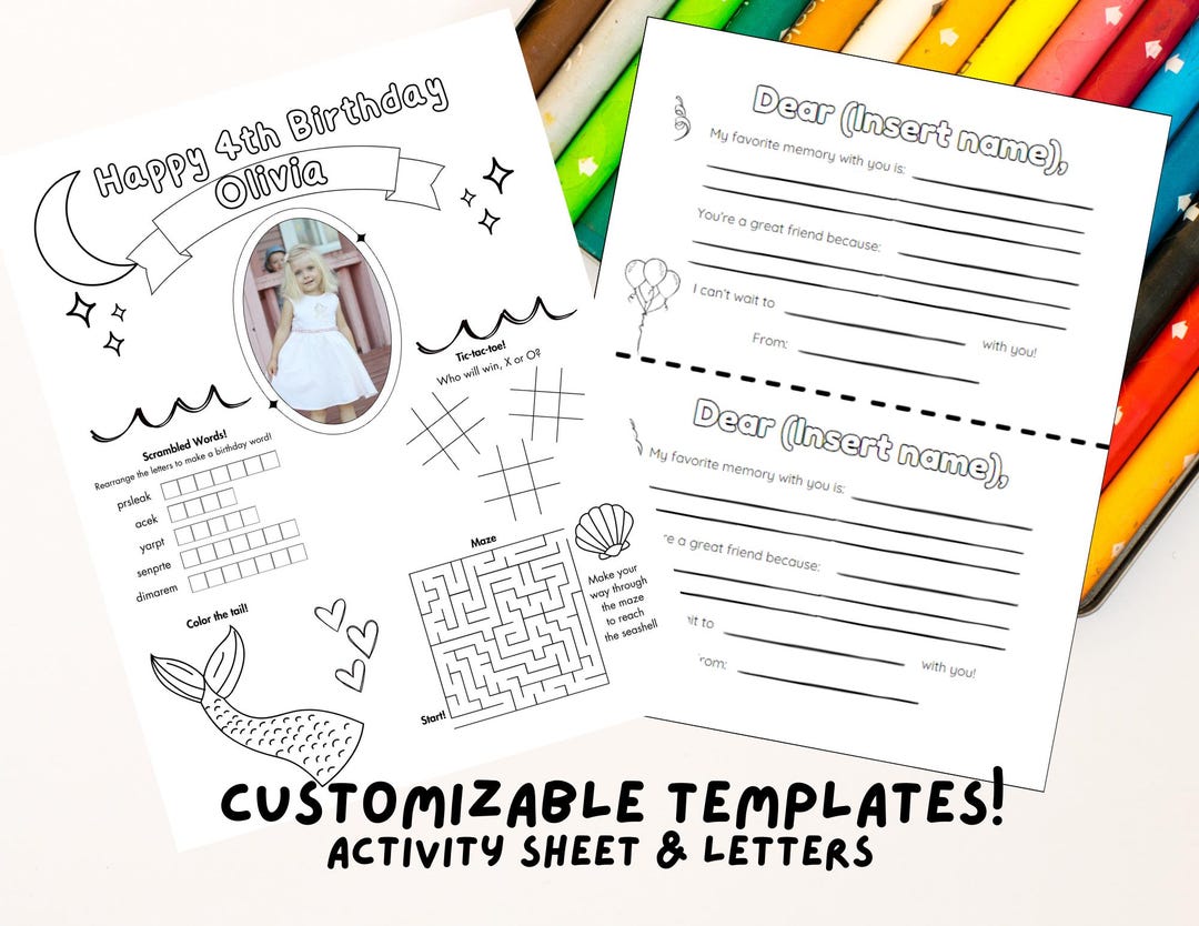 Editable Mermaid Birthday Coloring Activity Sheet With Letters From ...