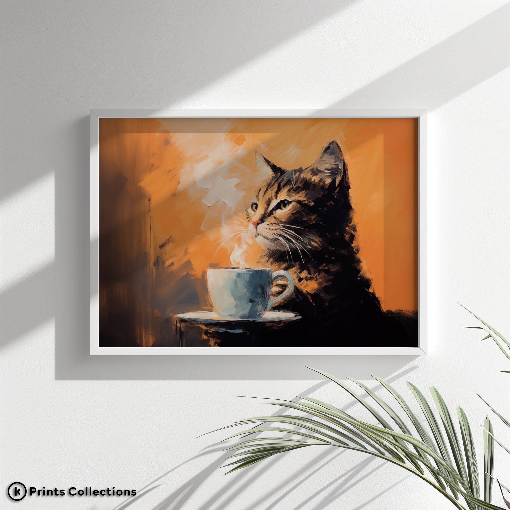 Cat's Morning Coffee Somber Cat Sniffing Coffee Dark Brown Backdrop ...