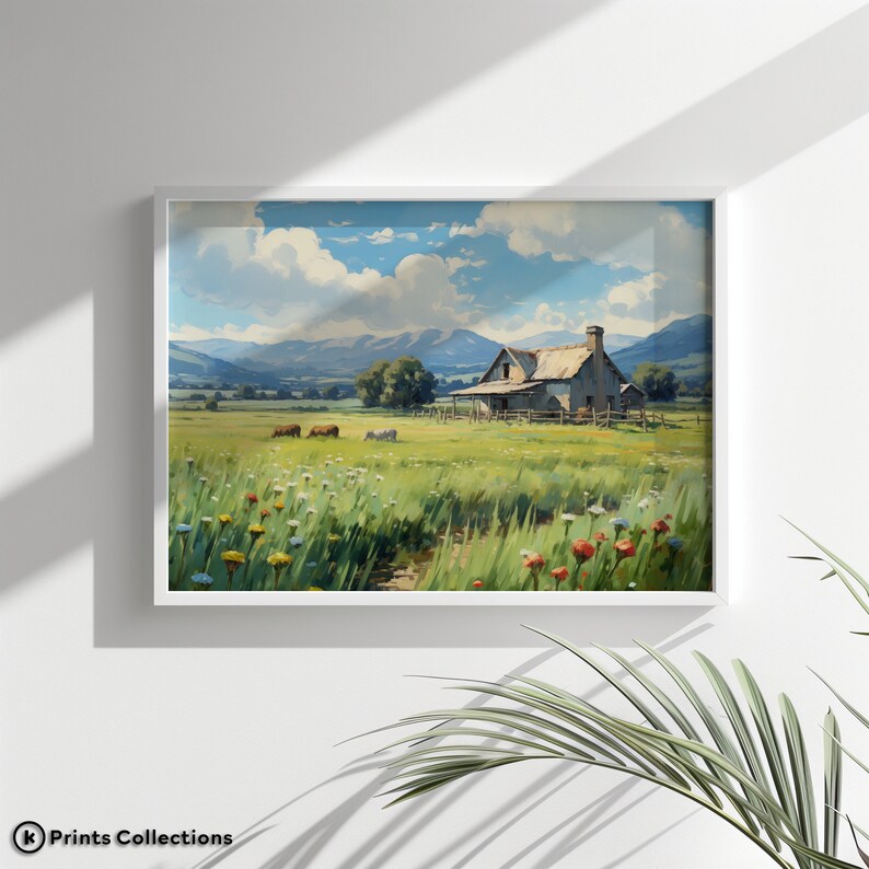 Spacious Farm Painting | Country Scene Print | Abstract Mountain ...