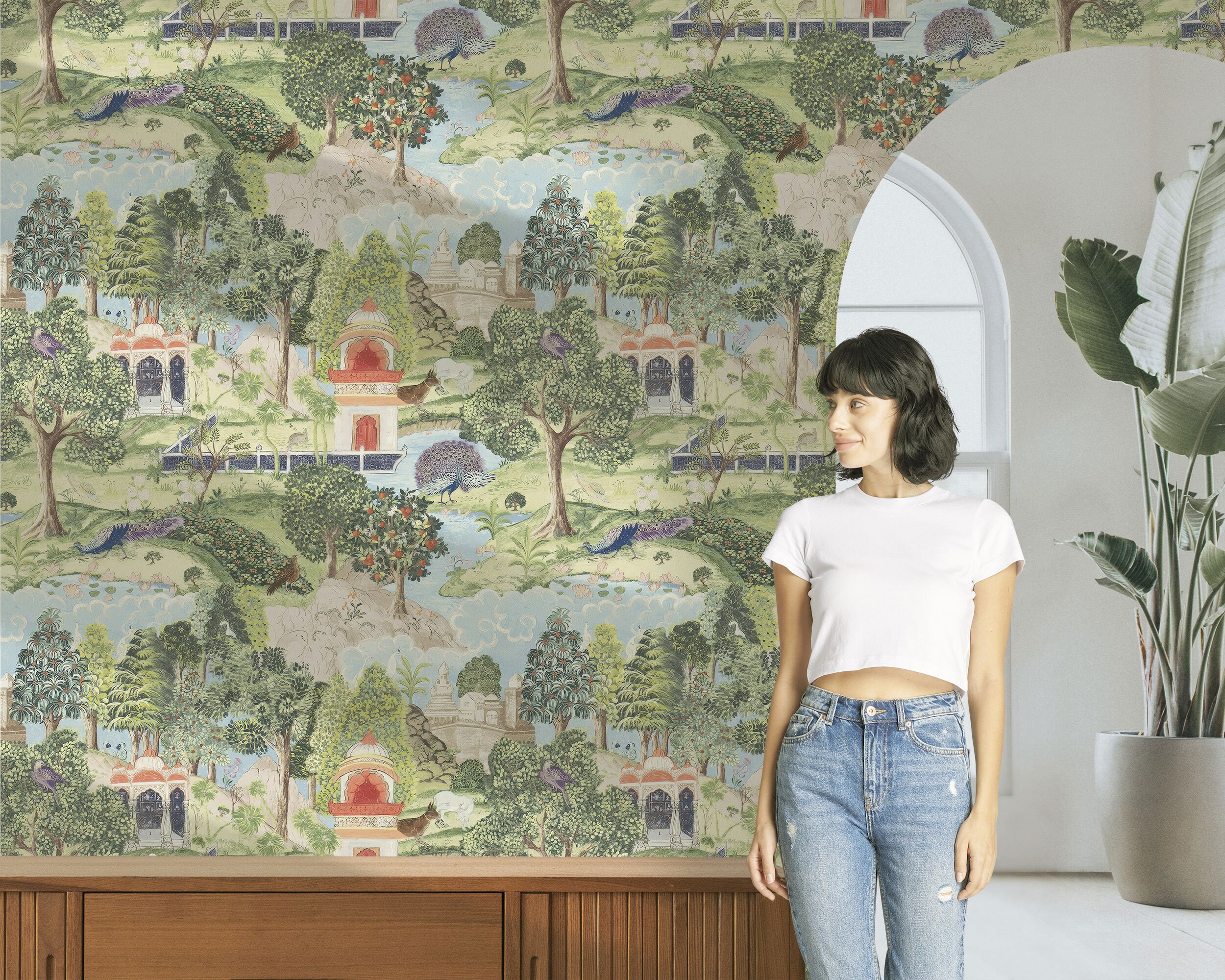 Lush Indian Garden Landscape Peel & Stick Wallpaper With Vibrant Greens ...