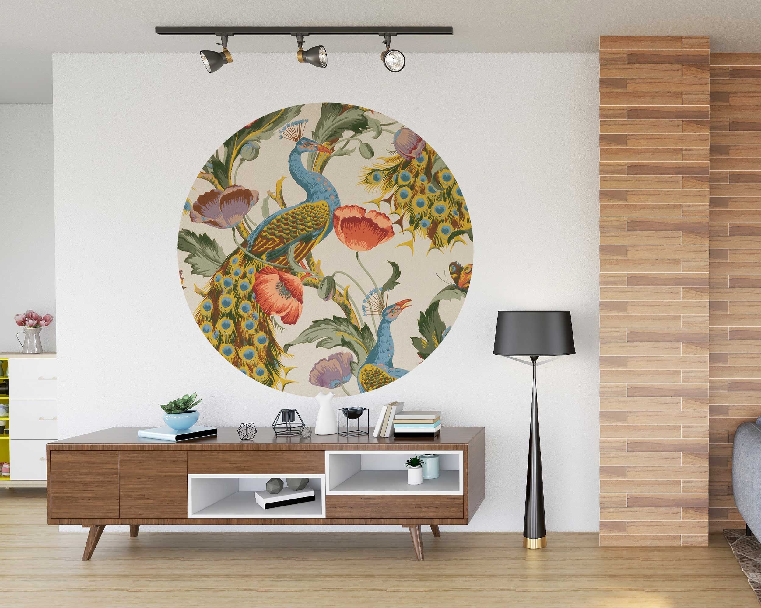 Vintage Peacock and Floral Round Wall Decal - Elegant Botanical ...