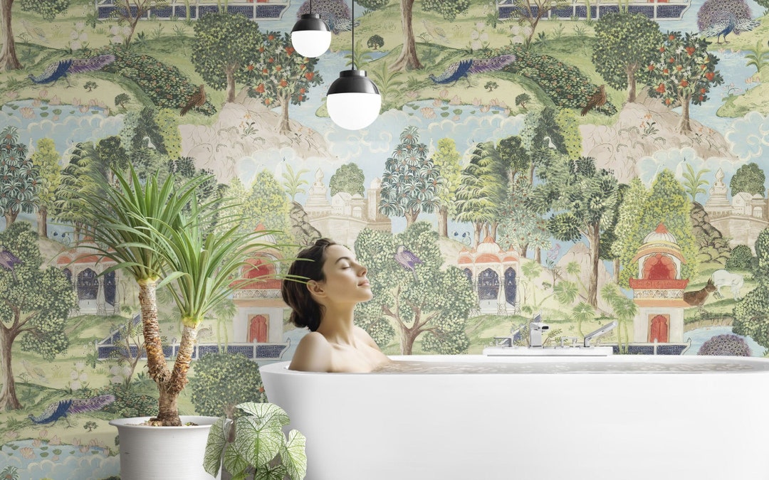 Lush Indian Garden Landscape Peel & Stick Wallpaper With Vibrant Greens ...