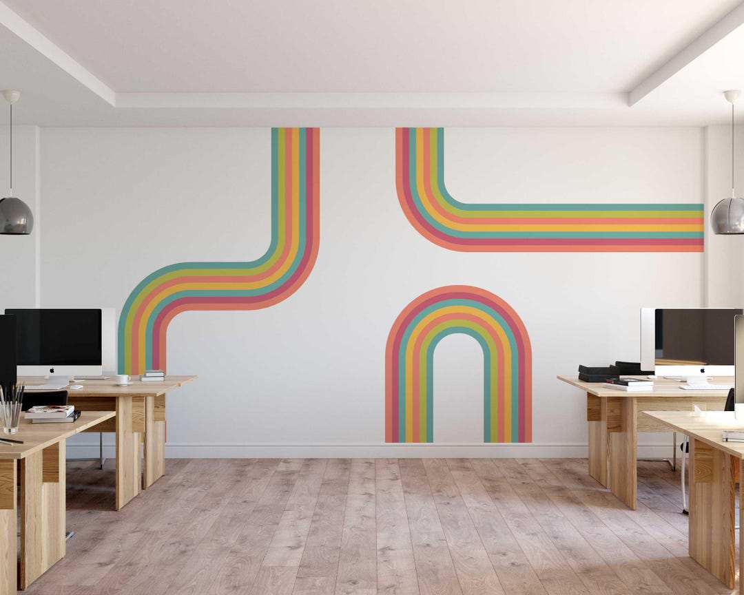Retro Rainbow Stripes Wall Sticker for Office & Home Decor , Removable ...