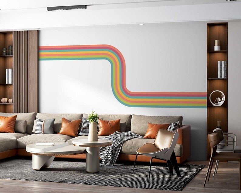 Retro Rainbow Stripes Wall Sticker Decal - Vibrant Office Decor ...
