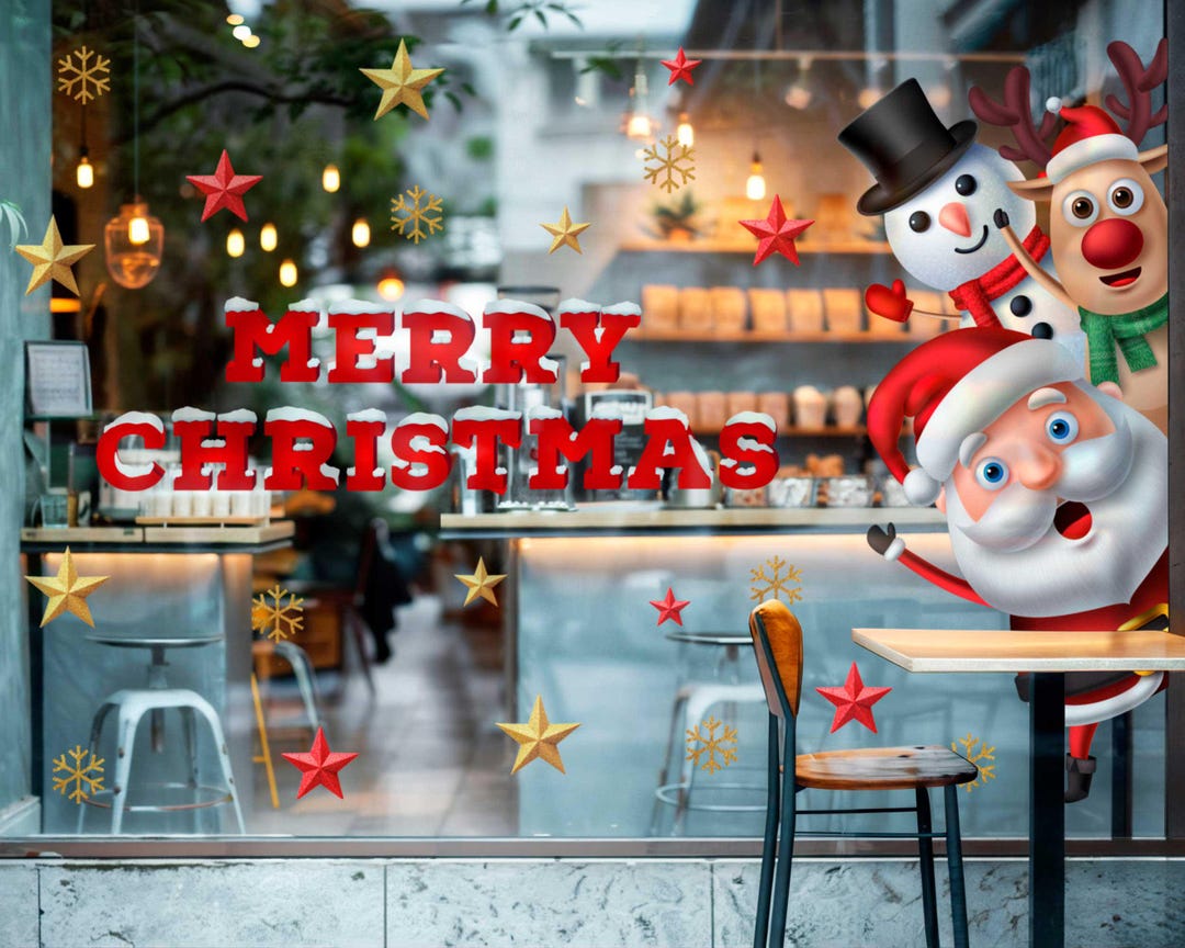 Merry Christmas Window Decals With Santa Snowman Reindeer Stars and ...