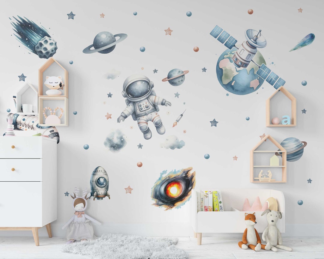 Blue Watercolor Space Wall Stickers - Astronauts, Planets, Spaceships ...