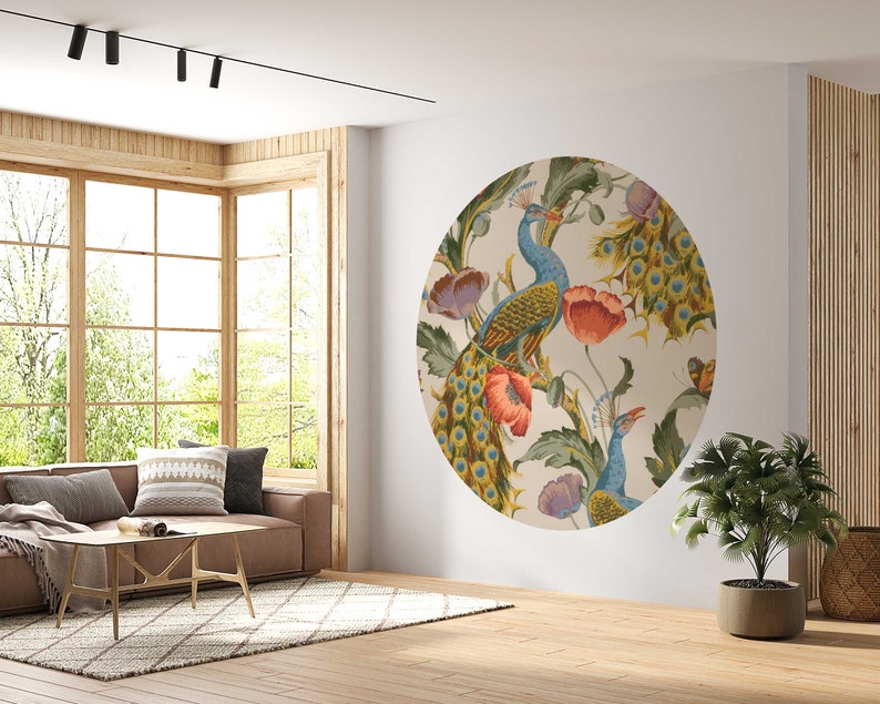 Vintage Peacock and Floral Round Wall Decal - Elegant Botanical ...