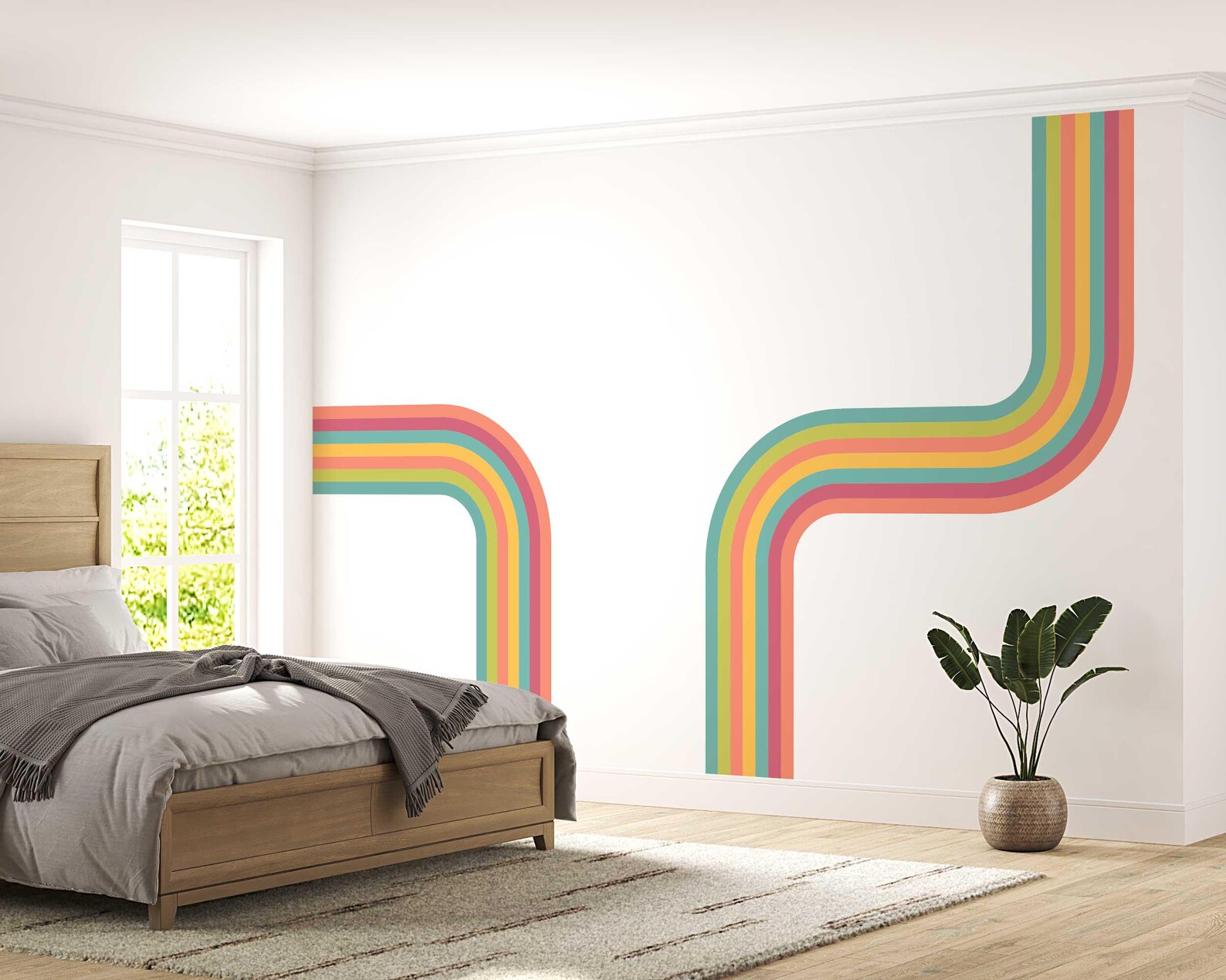 Retro Rainbow Stripes Wall Sticker Decal - Vibrant Office Decor ...