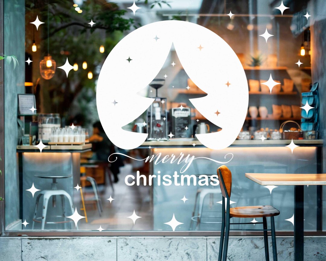 Merry Christmas Window Decals With Christmas Tree Stars White Vinyl ...