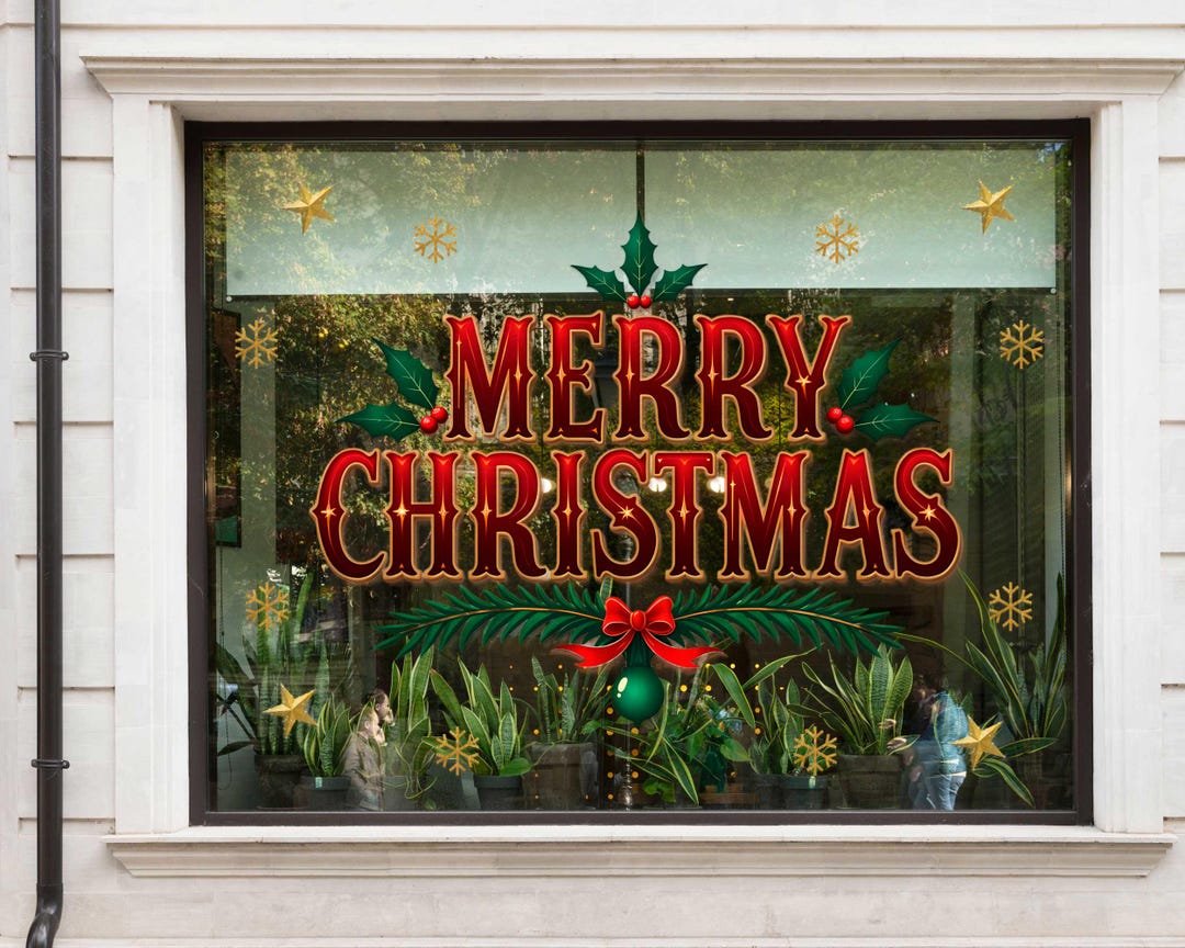 Bold Merry Christmas Window Decals With Holly Leaves Red Bow Snowflakes ...