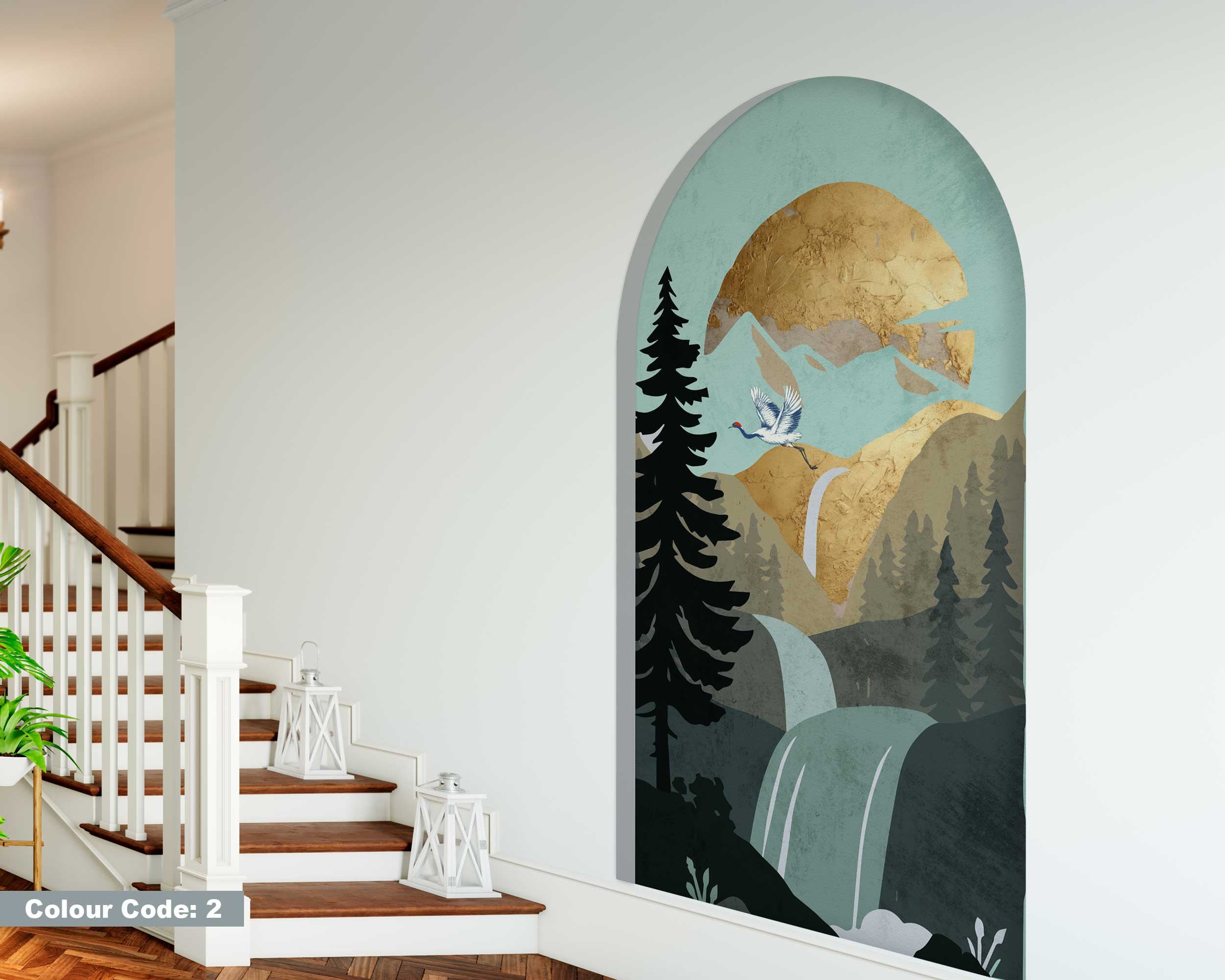 Boho Arches Wall Stickers - Mountain Waterfalls With Crane, Gold Accent ...