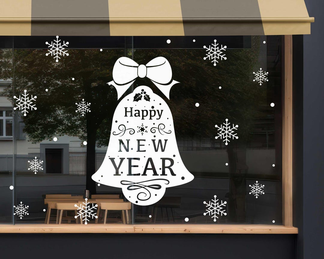 Happy New Year Window Decals With Festive Bell Design Snowflakes and ...