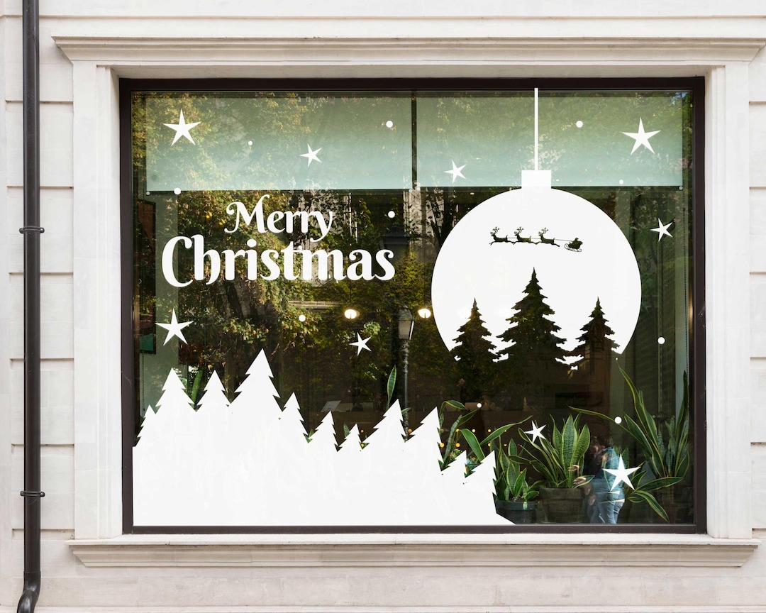 Merry Christmas Window Decals With Ornament Forest Santa Sleigh and ...