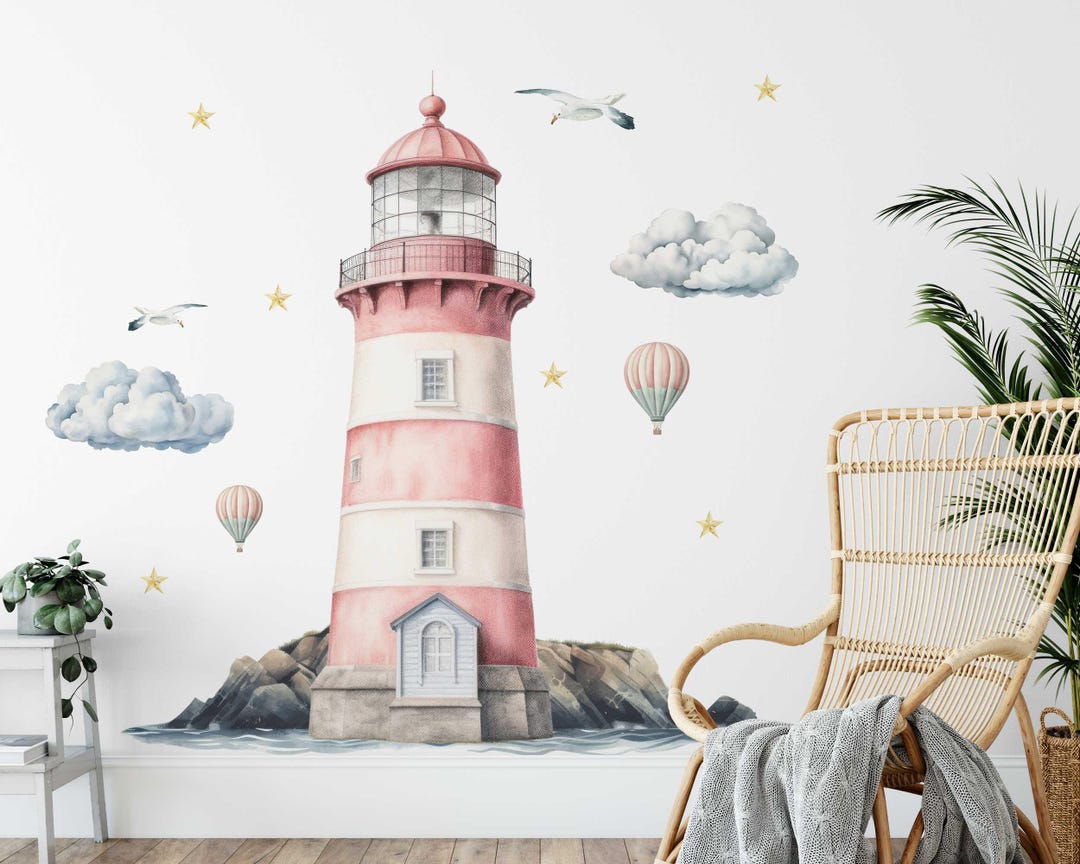 Pink Lighthouse Nursery Wall Sticker Nautical Kids Room Decor Coastal ...