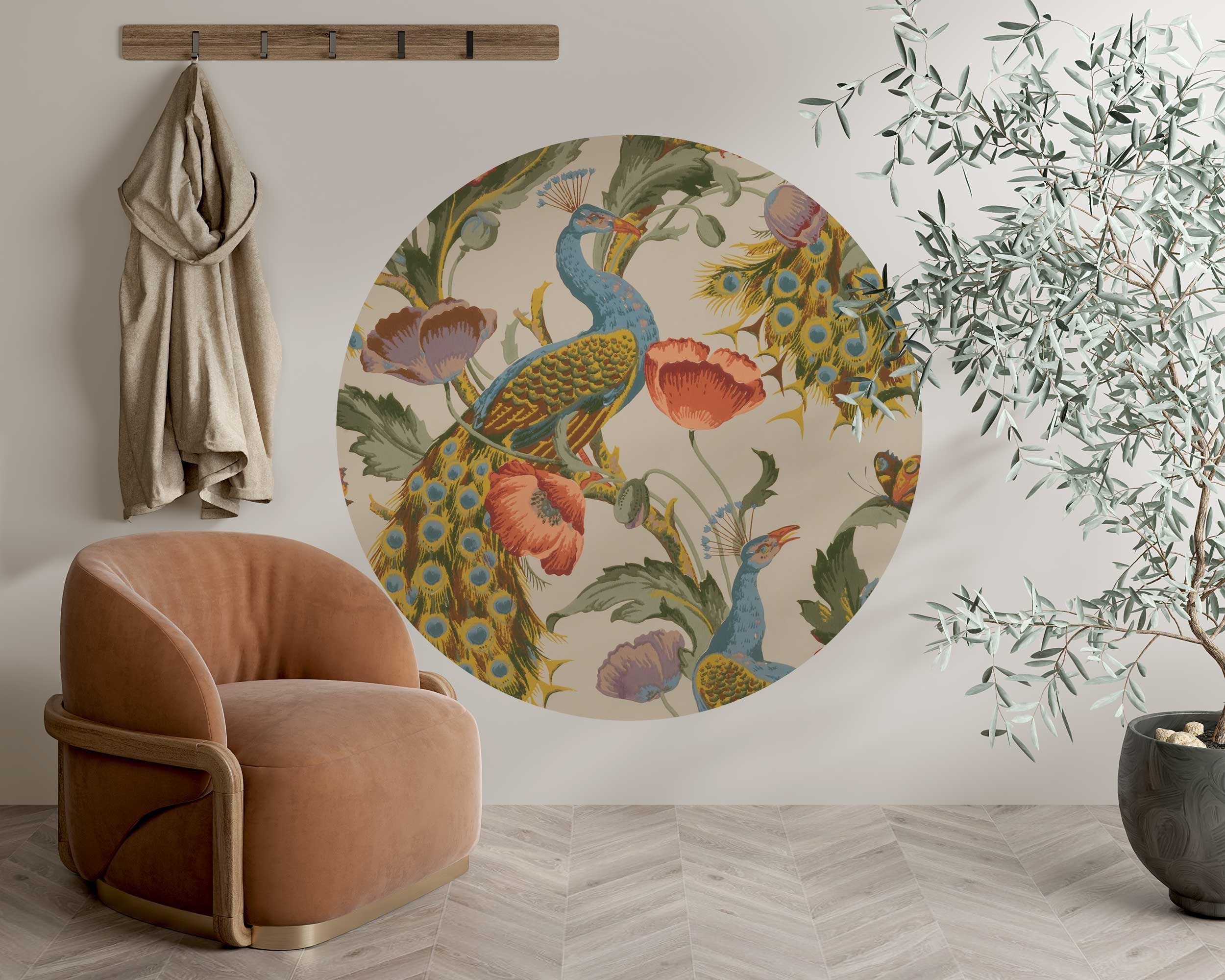 Vintage Peacock and Floral Round Wall Decal - Elegant Botanical ...