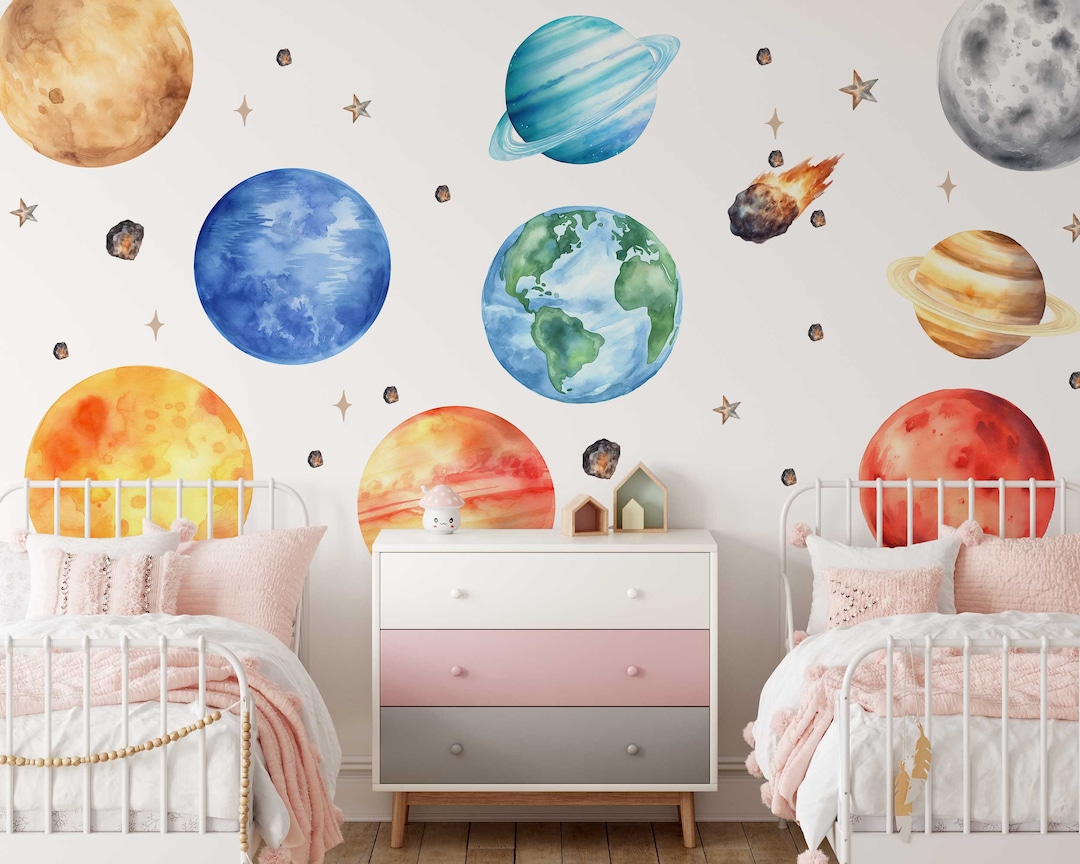 Watercolor Planets Wall Stickers - Solar System Theme, Kids Room ...