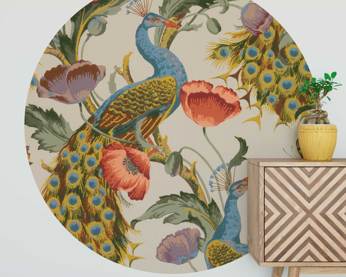 Vintage Peacock and Floral Round Wall Decal - Elegant Botanical ...