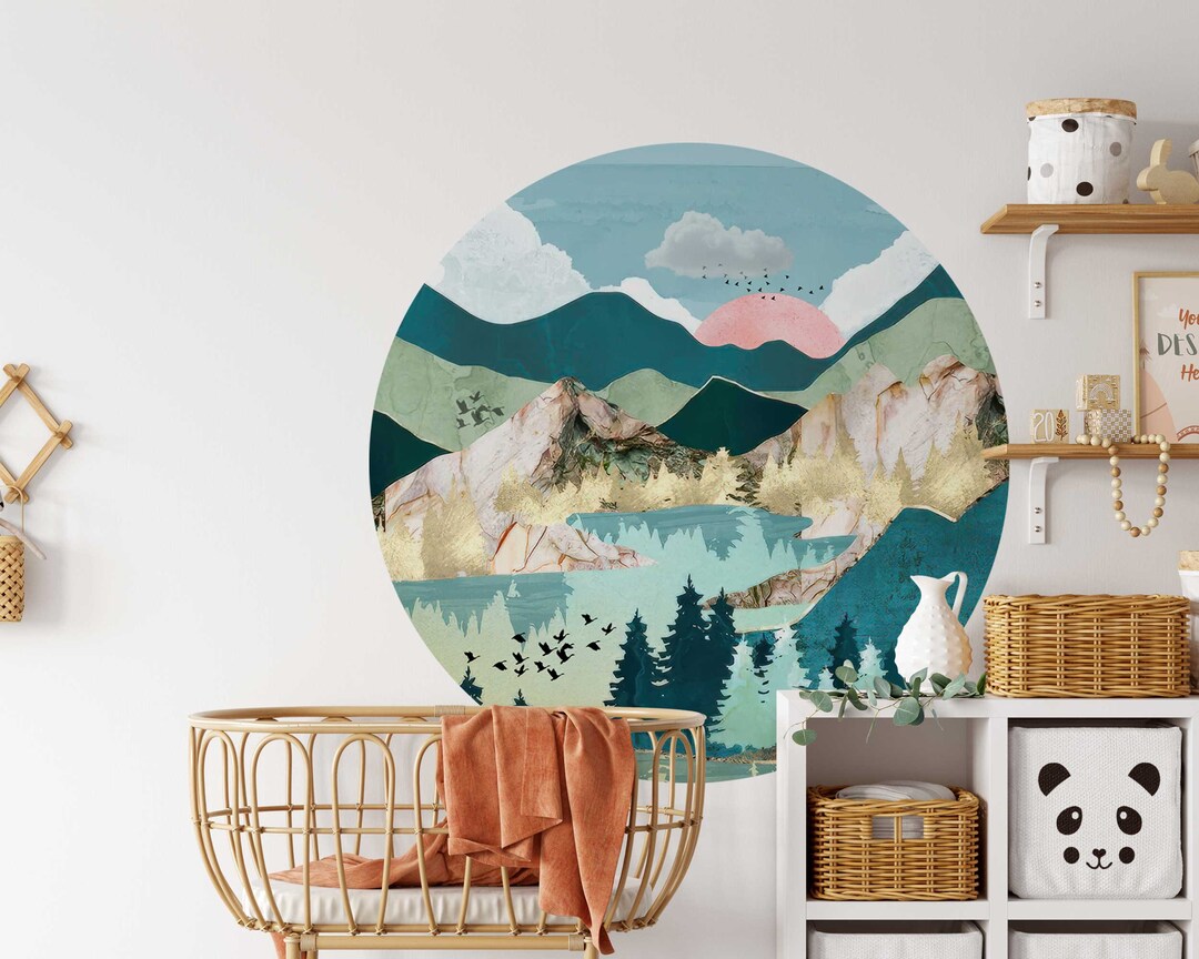 Boho Circle Wall Stickers - Mountain Waterfalls With Gold Accent ...