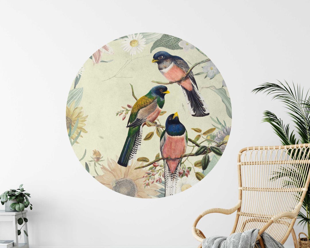 Vintage Bird Wall Sticker - Circle Tropical Wall Decal Nature Wall Art ...