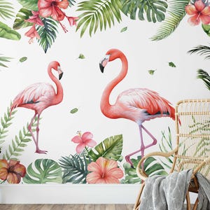 Tropical Flamingo and Leaves Wall Sticker - Removable Decor for Bedroom ...