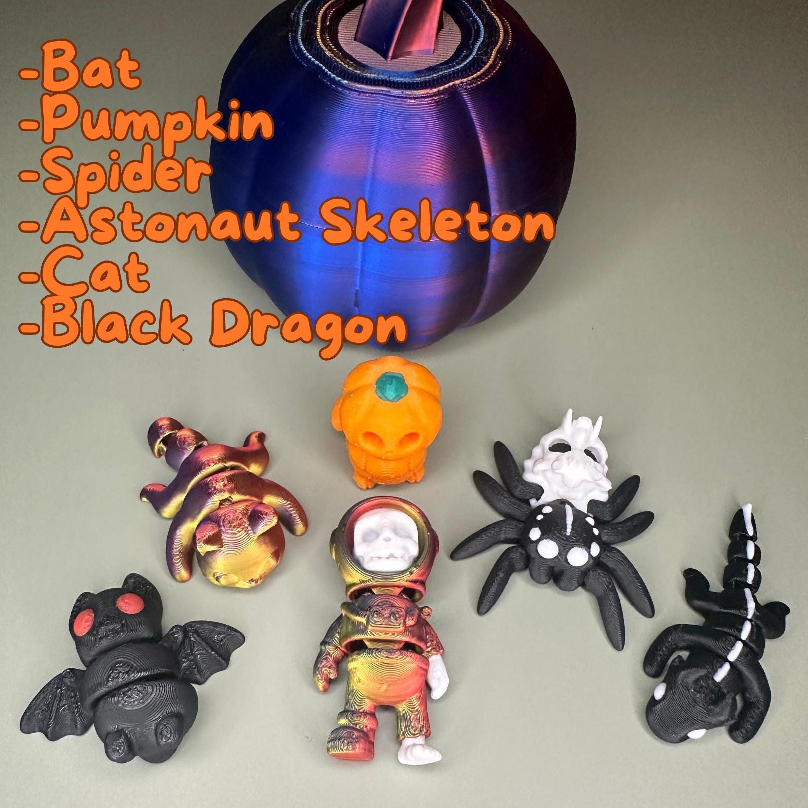 3D Printed Halloween Mini Figure Set | 6-pack | Bat, Spider, Black ...