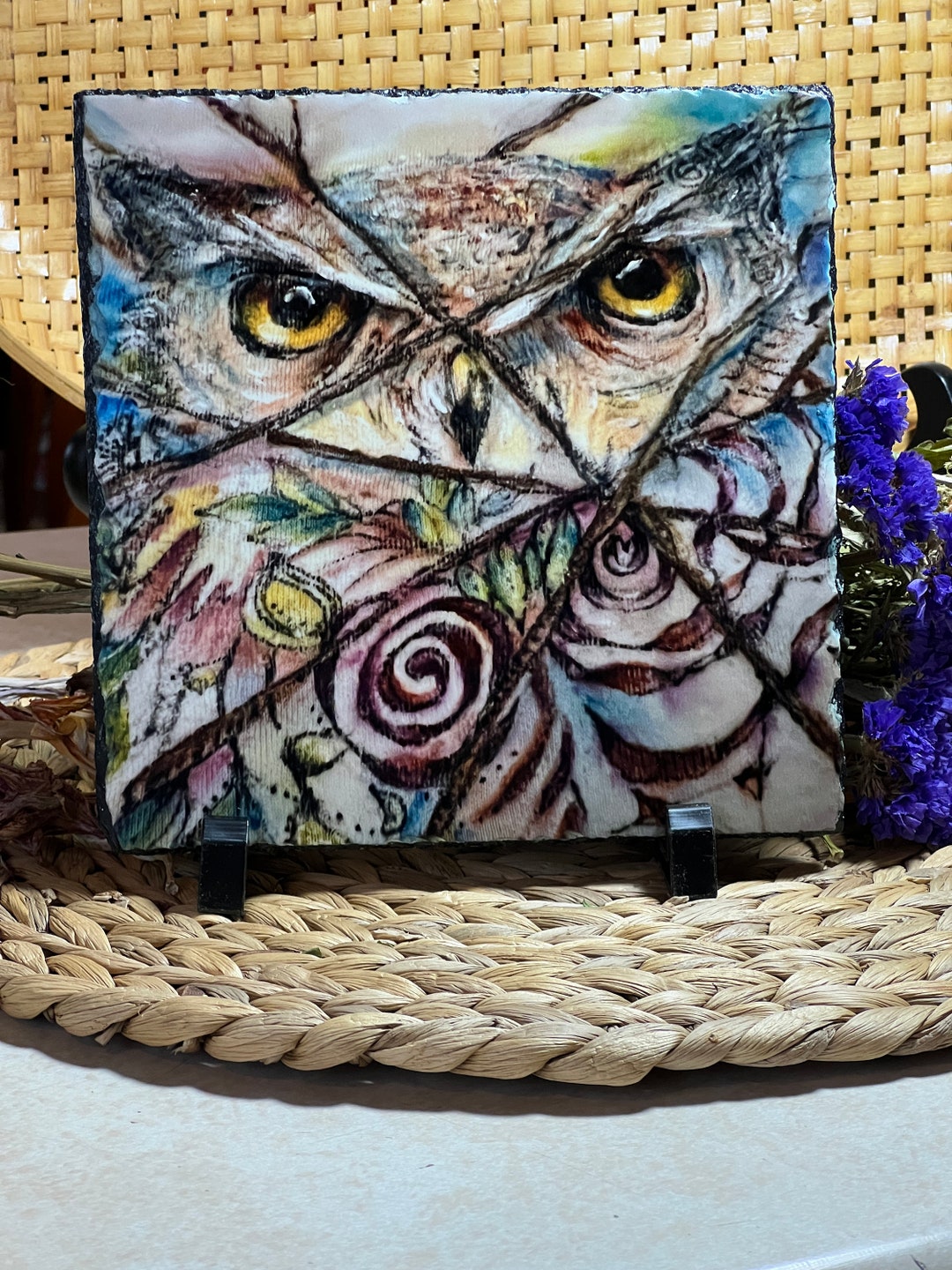 Art Plaque 8”x8” Slate, Owl Design, in Stand, Original Art, Colorful ...