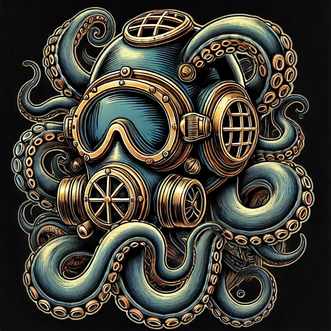 Scuba Diver Helmet & Octopus Steampunk Vector Art for T Shirts - Etsy