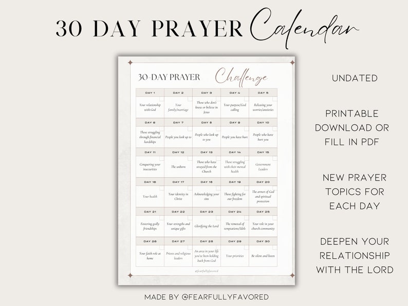 30 Day Prayer Calendar | Printable Challenge, Pre-filled & Blank ...