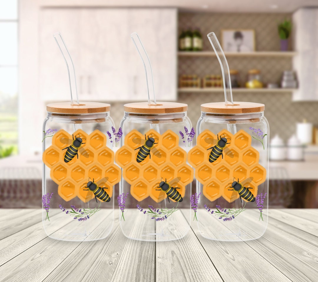 Bees and Flowers Sipper Glass Cups Flower Glass Cups With Lid and Straw ...