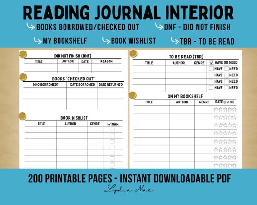Reading Journal Interior PDF Printable Pages - 200 Pages Instant ...