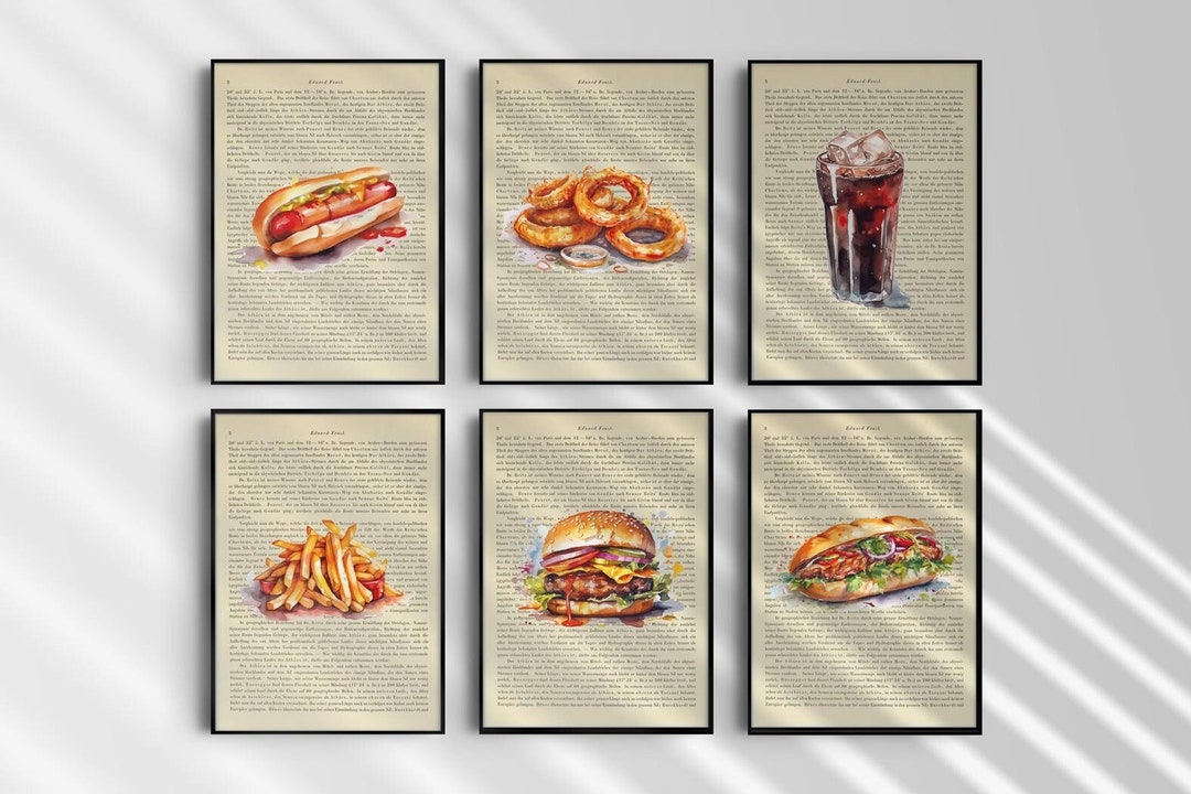 Fast Food Prints Set of 6, Unique Art Prints Vintage Book Pages, Burger ...