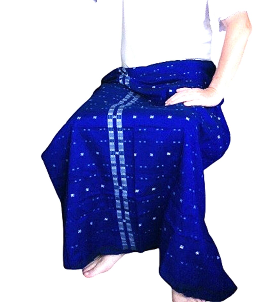 Longyi for Men, 100% Cotton Sarong, Burmese Pants, Blue and White ...