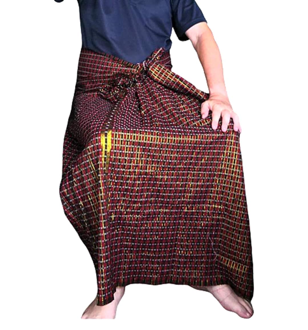 Sarong, 100% Cotton, Longyi, Dark Red and Black With Gold Thread, Men's ...