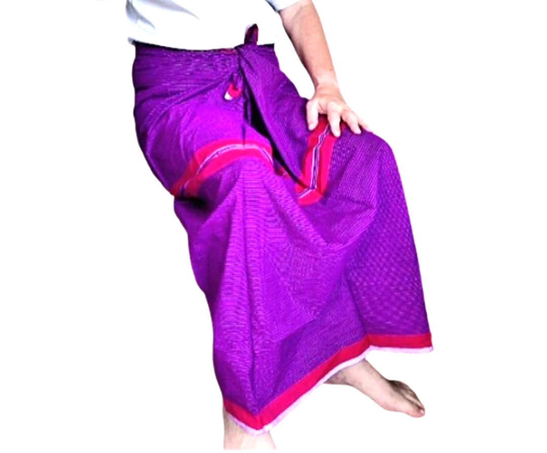 Longyi for Men, 100% Cotton Sarong, Burmese Pants, Purple Striped, Gift ...