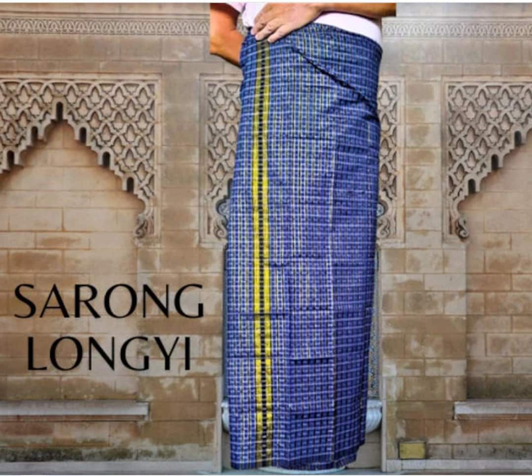 Sarongs for Men Blue Gold Cotton Longyi Burmese Clothing Malong ...