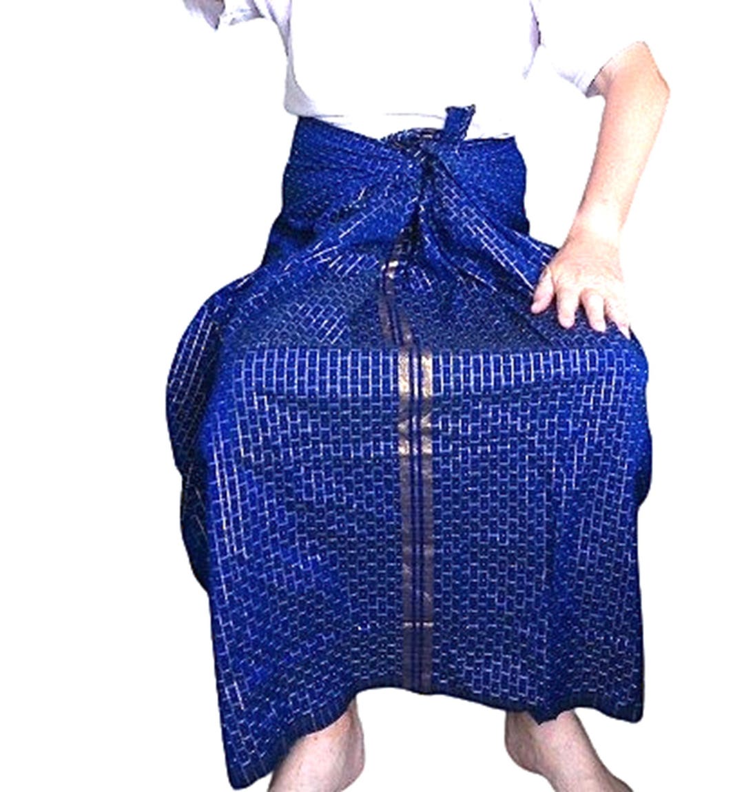 Sarongs for Men Blue Gold 100% Cotton Longyi Thai Clothing Traditional ...