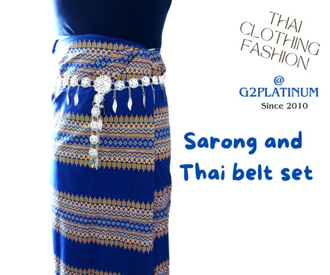 Thai Sarong Set, Striped Blue Cotton, Silver Thai Formal Belt, Wrap ...