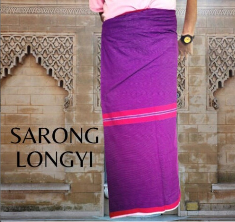 Longyi for Men, 100% Cotton Sarong, Burmese Pants, Purple Striped, Gift ...