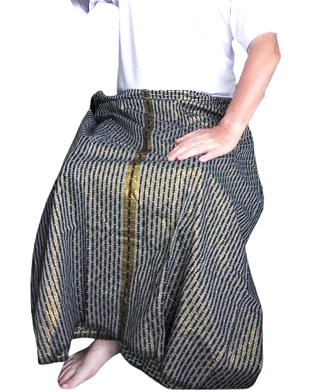 Longyi for Men, 100% Cotton, Black Gold Stripe, Handmade Thai Clothing ...