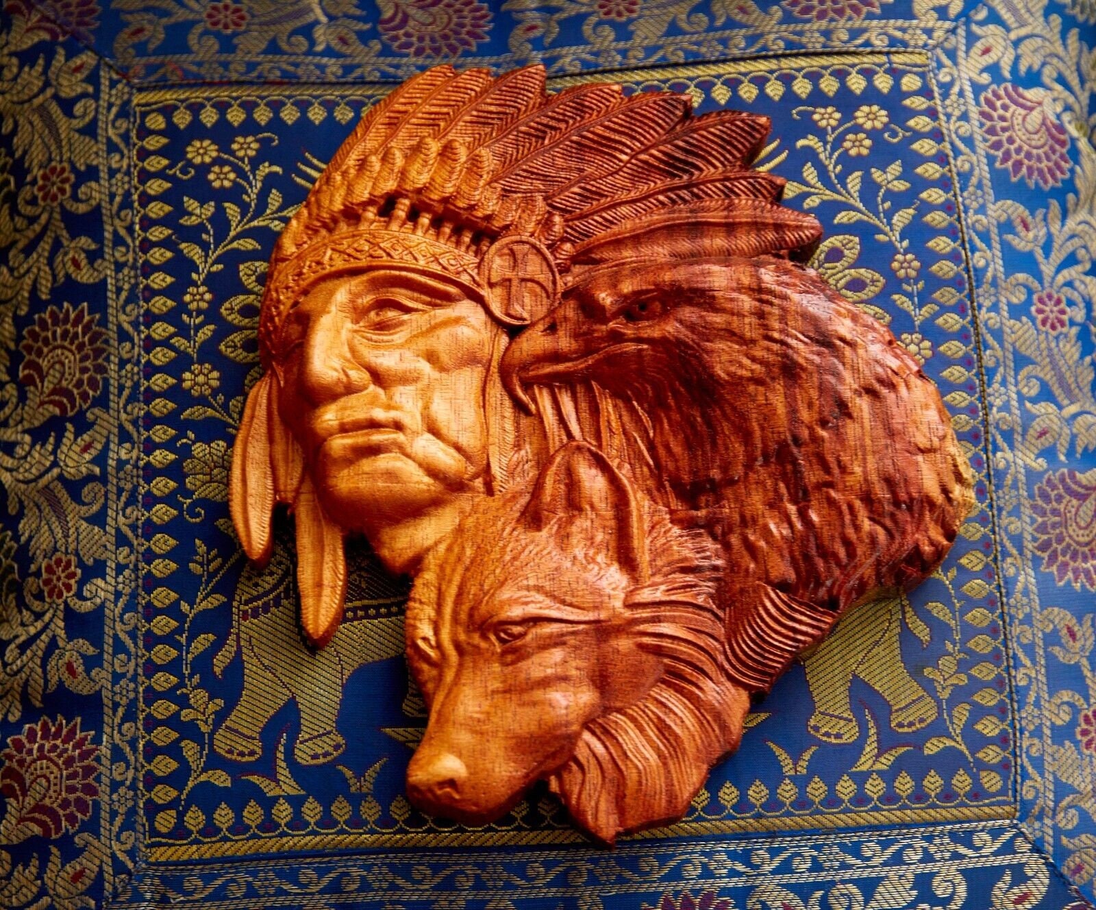 Wood Carved Native American Wolf Eagle Indian Wall Art Wooden Decor ...