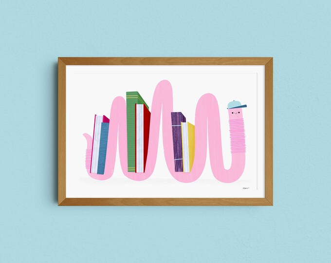 Bookworm Wall Art Print - Children's Book Art, Library Wall Art ...