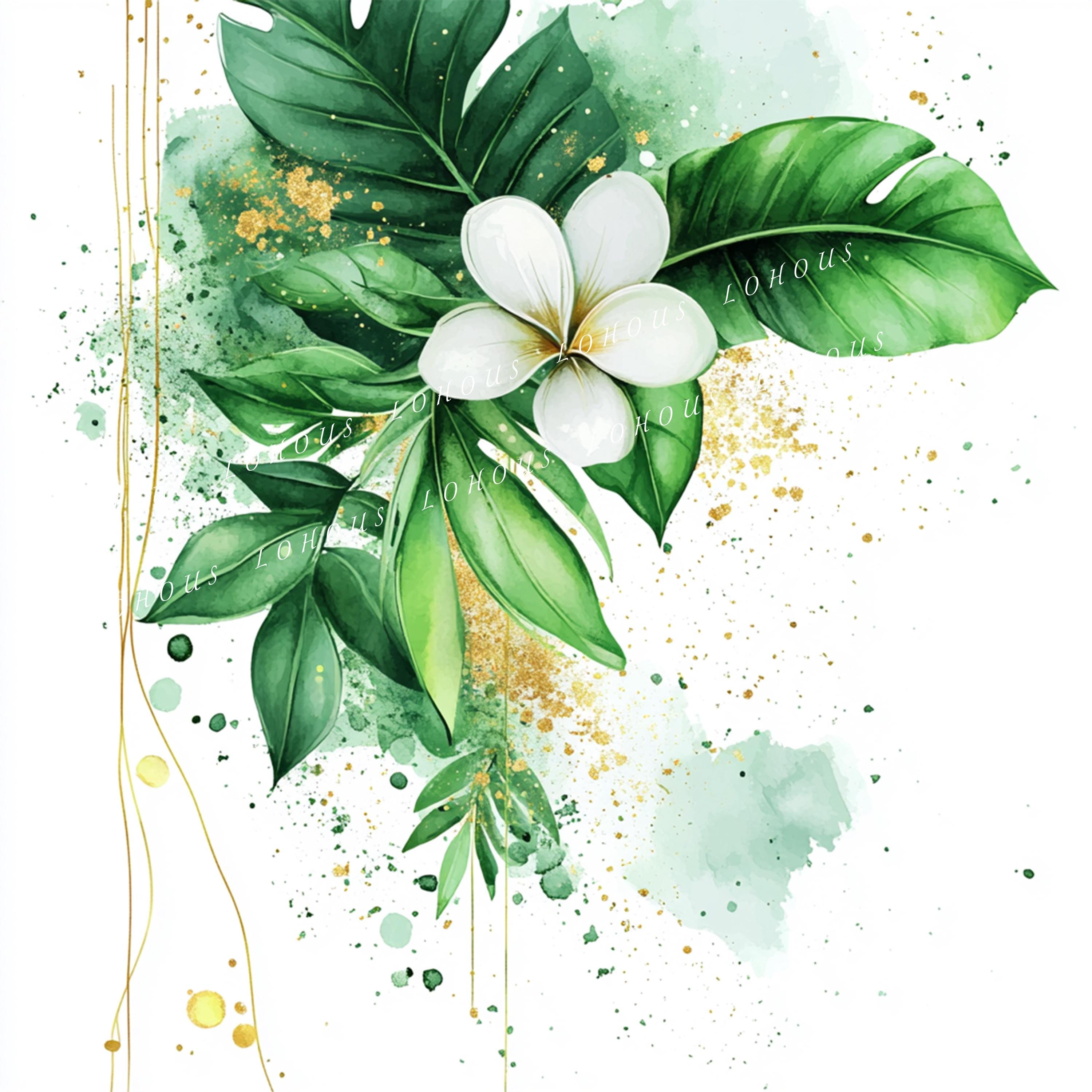 12 Jpgs Green Tropical Leaves Digital Printable Clipart, Watercolor ...