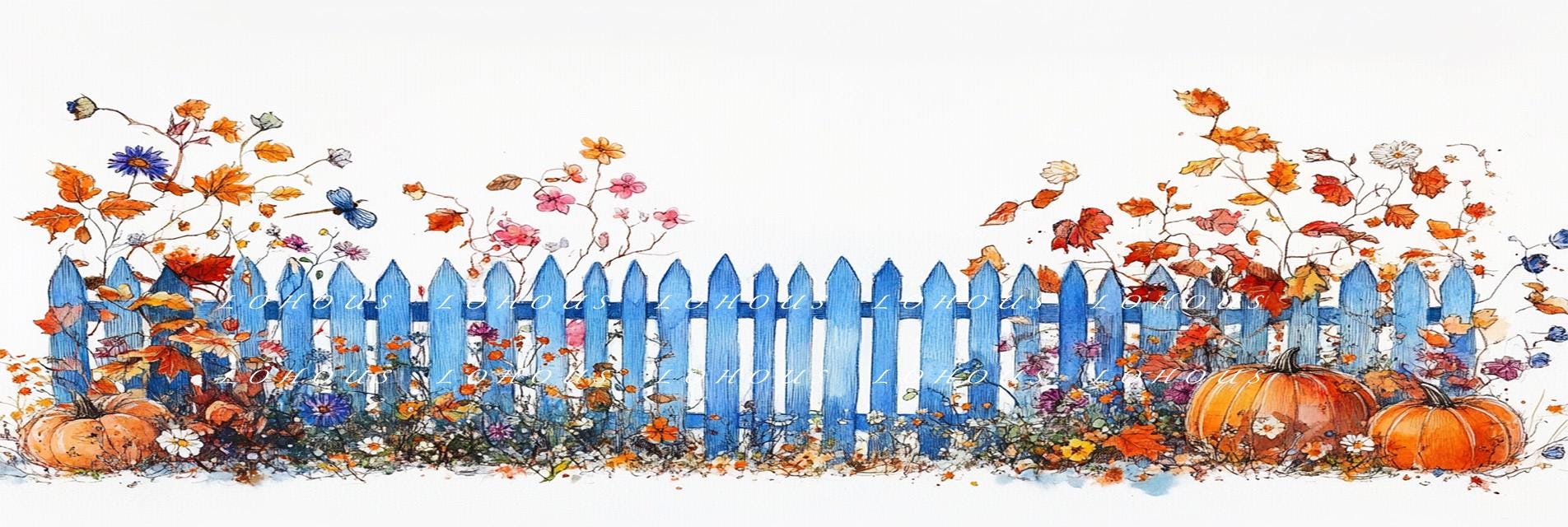 13 Jpgs Autumn Fence Border Watercolor Digital Clipart, Halloween ...