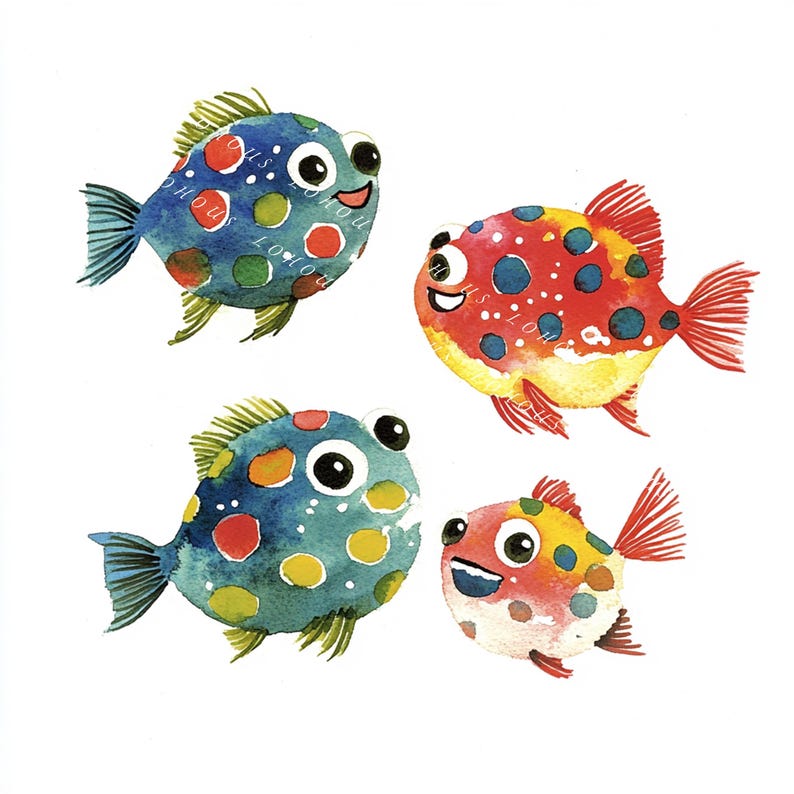 Cute Watercolor Fish Clipart Digital Printable, Creatures Clipart ...