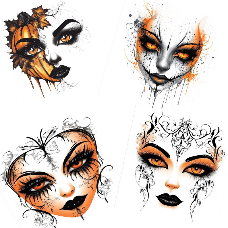 10 Halloween Decoration Witch Faces Digital Print Clipart, Fall Pumpkin ...