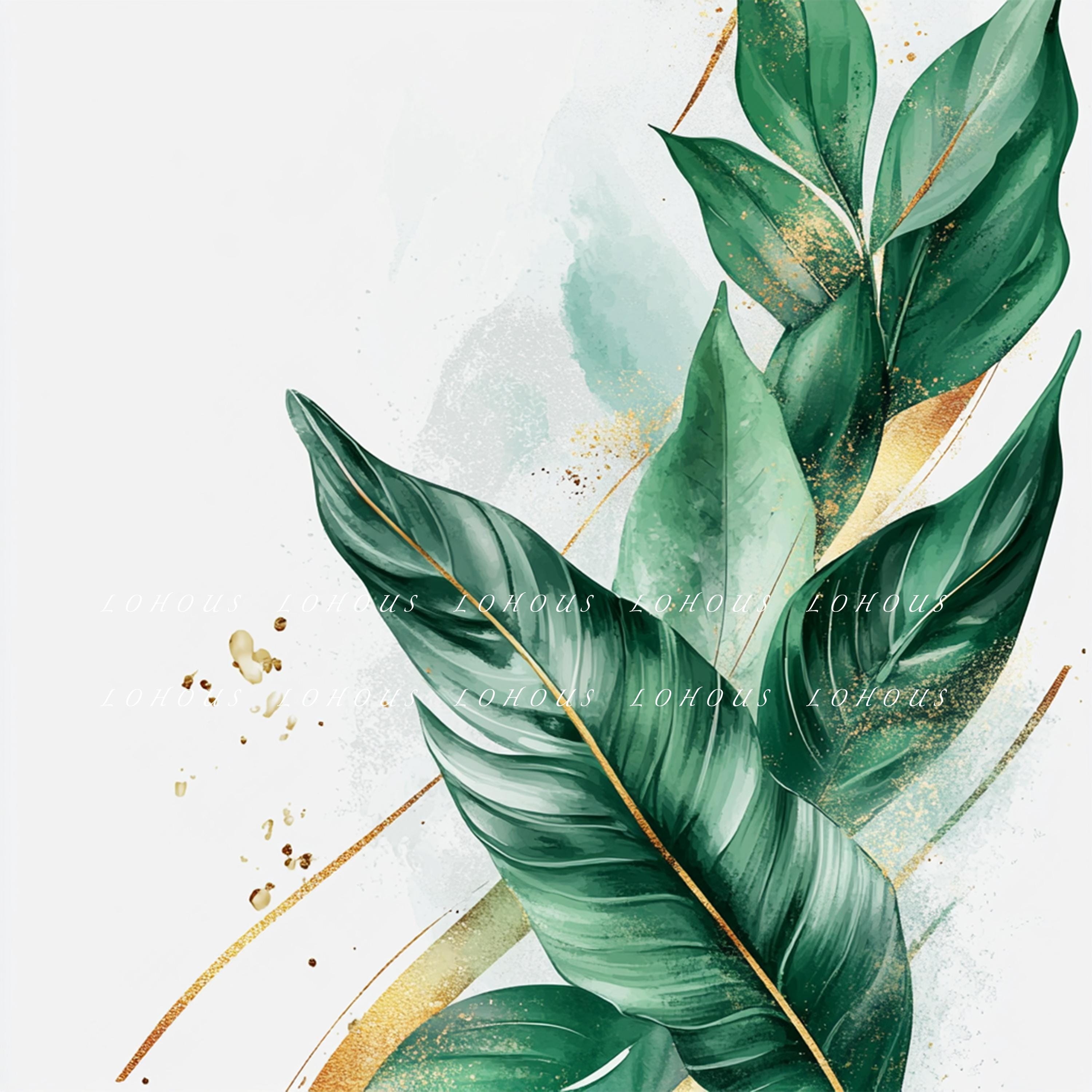 12 Jpgs Green Tropical Leaves Digital Printable Clipart, Watercolor ...