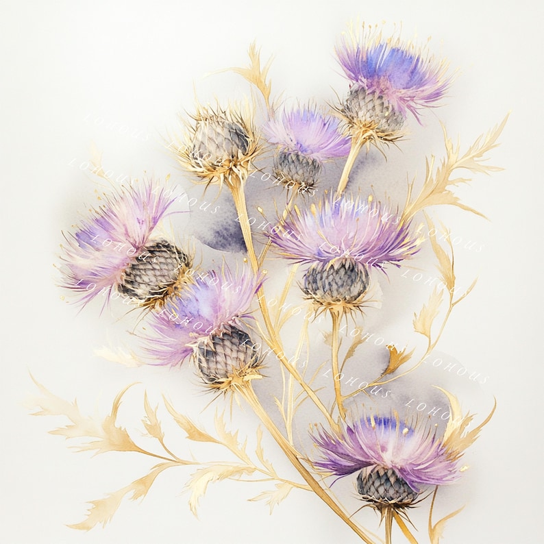 Watercolor Thistle Clipart Digital Printable, 13 Jpgs Botanical Floral ...